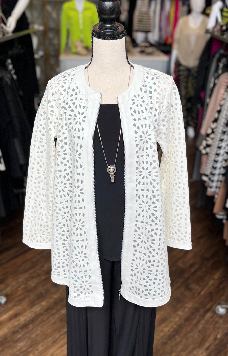 BCJ17633F Long White VEGAN Jacket Eyelet by INSIGHT | The CoCo Couture