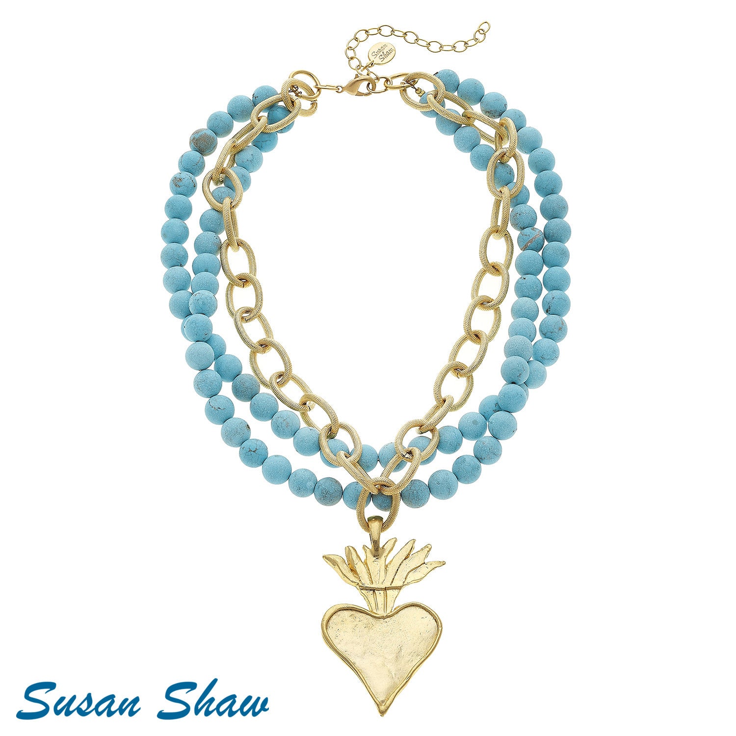 3666fh Gold Flaming Heart Turquoise Multi Strand Necklace by SUSAN SHAW ...