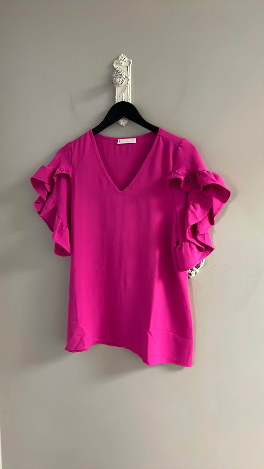 LVC68 Hot Pink Ruffle Sleeve V neck Top | The CoCo Couture